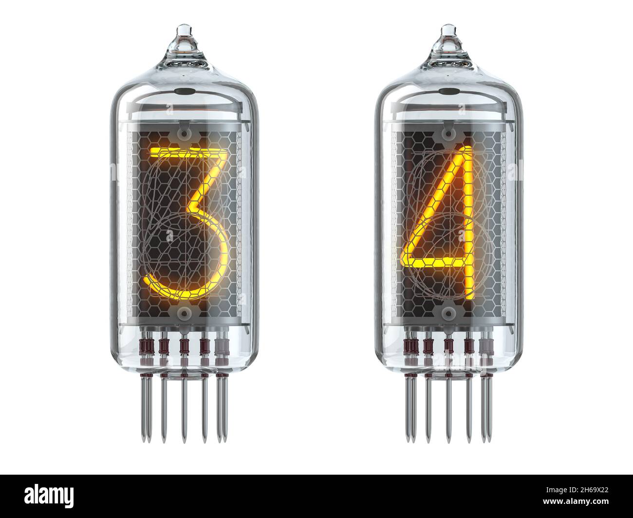 Nixie tube indicator isolated on white. Number 3 three and 4 four. 3d ...