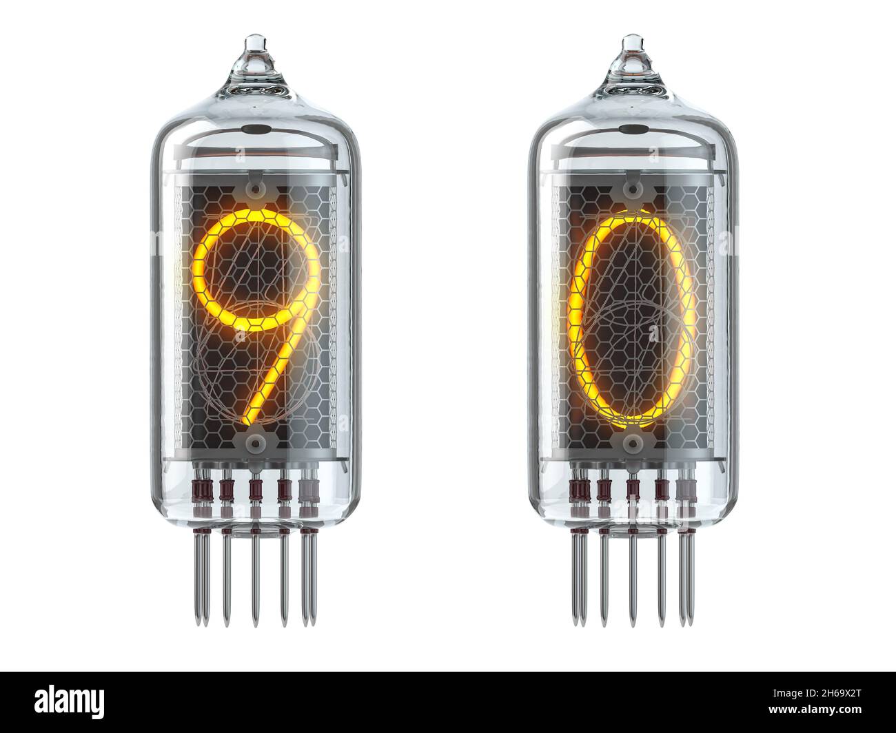 Nixie tube indicator isolated on white. Number 9 nine and 0 zero. 3d ...