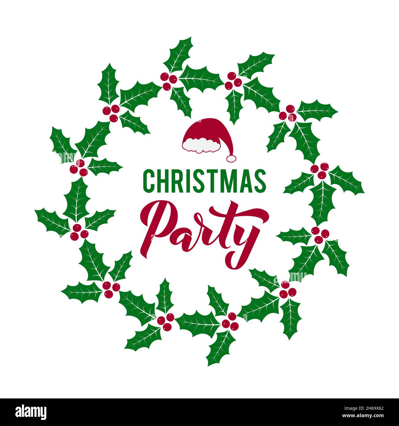 Christmas Party lettering with lettering wreath of holly leaves red ...