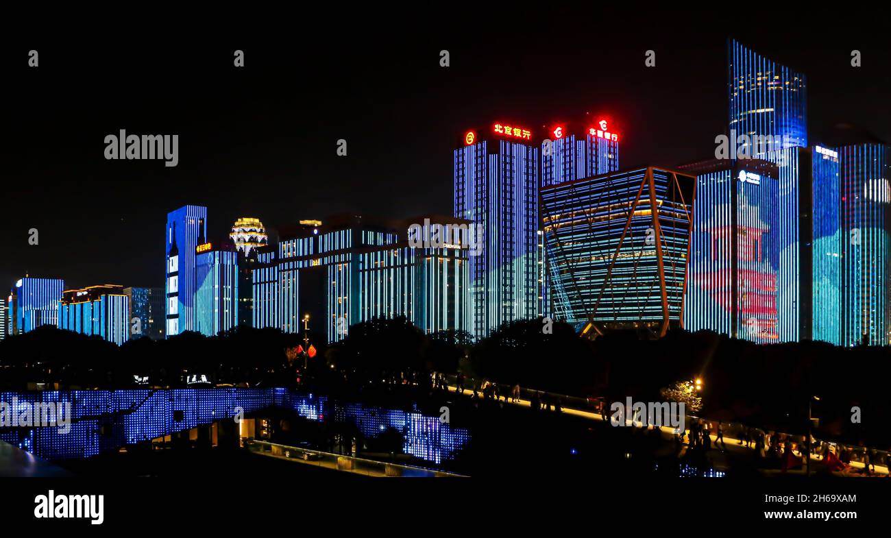 Modern buildings in Hangzhou spectacularly lit up in Chinese style ...