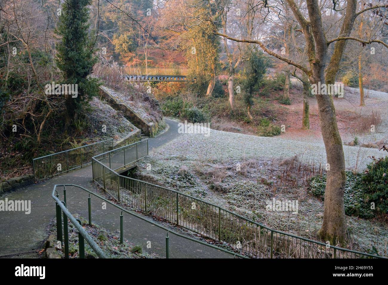 A winding path in a public city park. Green grass covered with snow ...