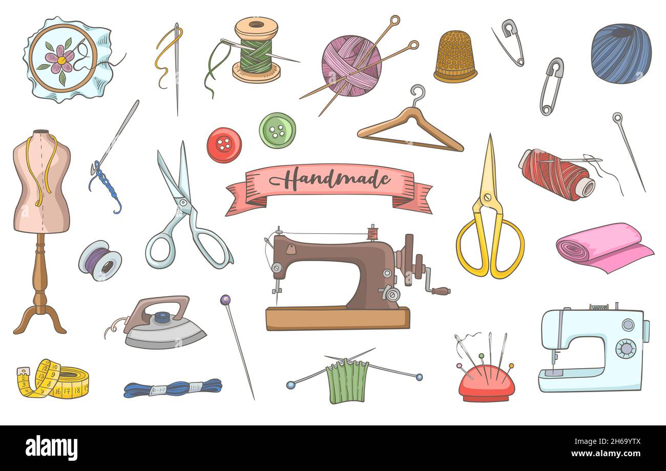 Sewing and needlework tools and accessories. Hand drawn doodle ...