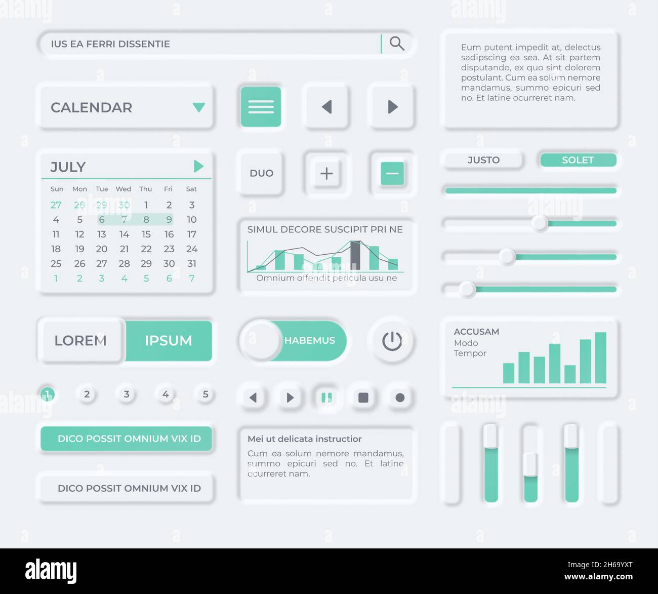 Neumorphism ui components for business app dashboard design. Modern neomorphic buttons, search ...