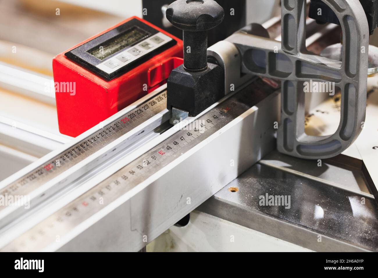 Close up photo of panel saw. A type of sawing machine that cuts sheets ...