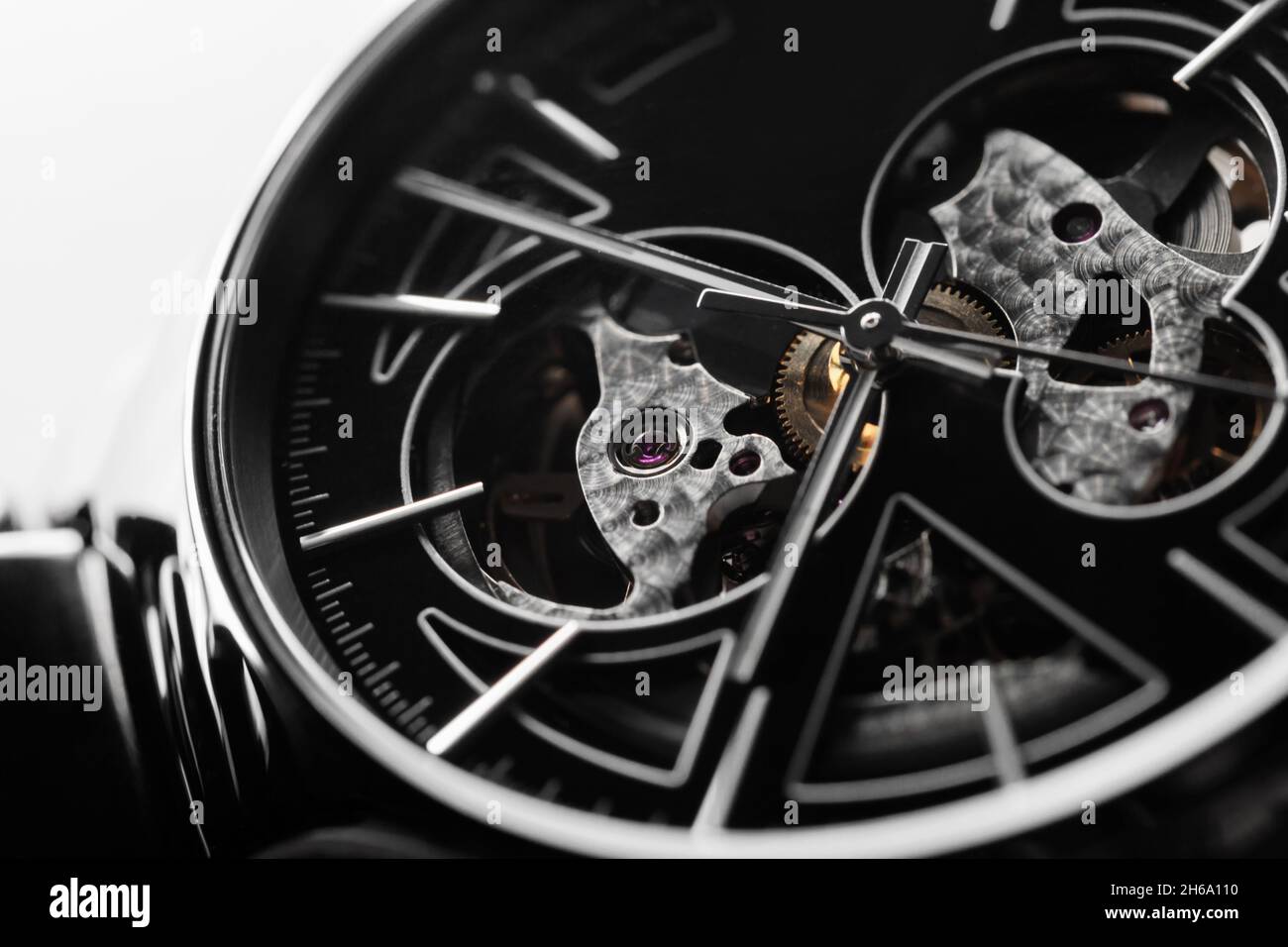 Swiss mechanical skeleton wrist watch with black metal deal and shiny ...