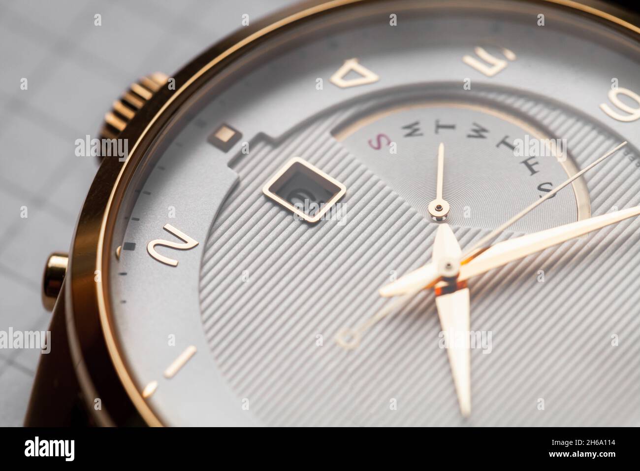 Retrograde weekday indicator of a classic luxury wrist watch Stock ...