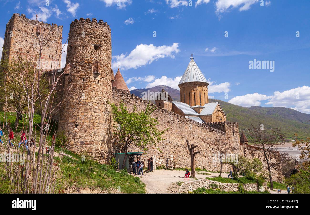 Ananuri, Georgia - April 30, 2019: Tourists visit the Ananuri monastery ...