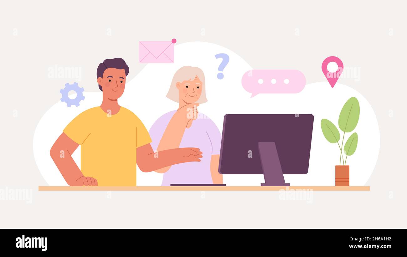 Grandson or volunteer help elderly woman learn computer. Grandma using ...