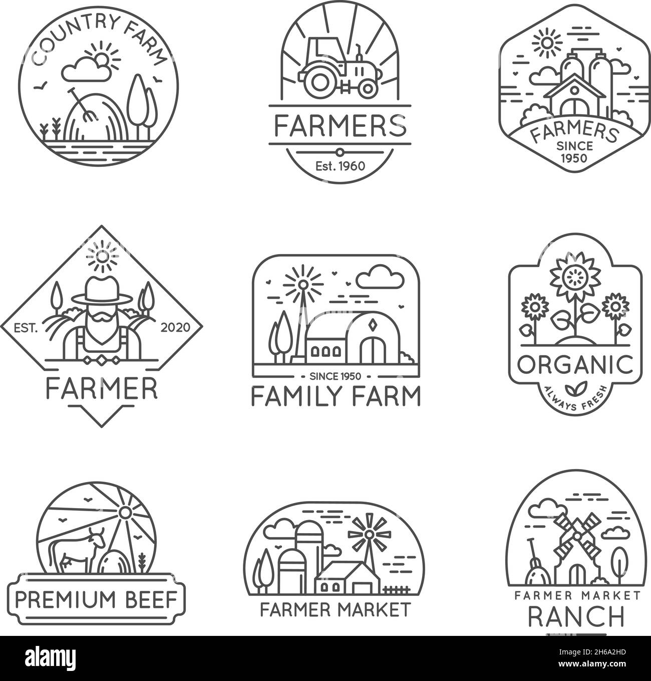 Farm organic product line label and logo with field and barn. Fresh ...