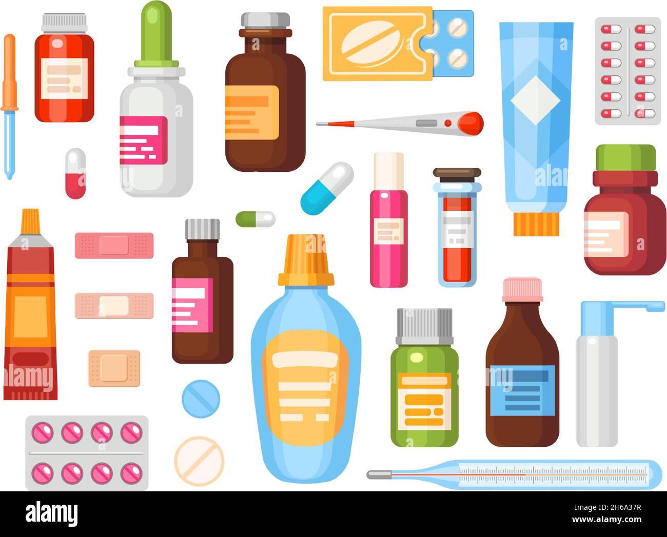 Flat medication in bottles, pills, capsules and tablets. Medical drugs ...