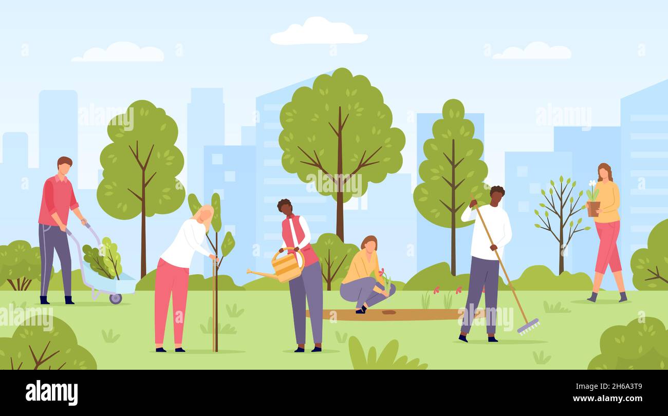Flat ecology volunteers planting trees and flowers in city park. Public ...