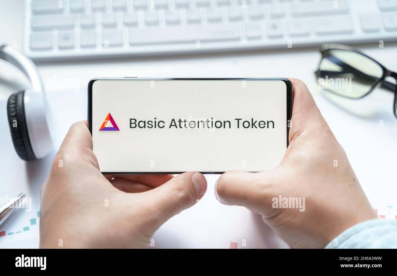 Russia Moscow 08.06.2021. Logo of Basic Attention Token in mobile phone ...