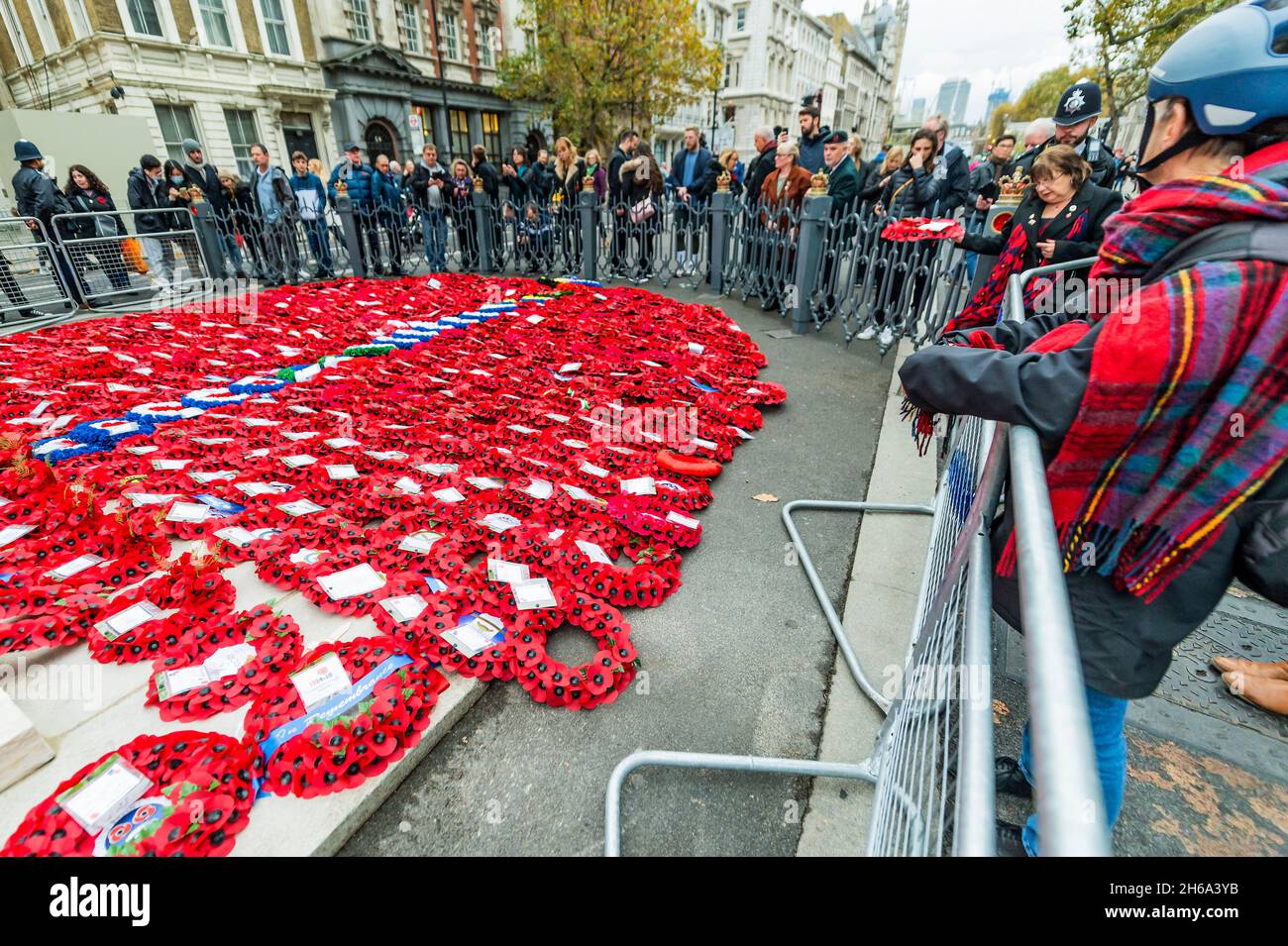 London, UK. 14th Nov, 2021. People come to see the wreaths at the foot ...