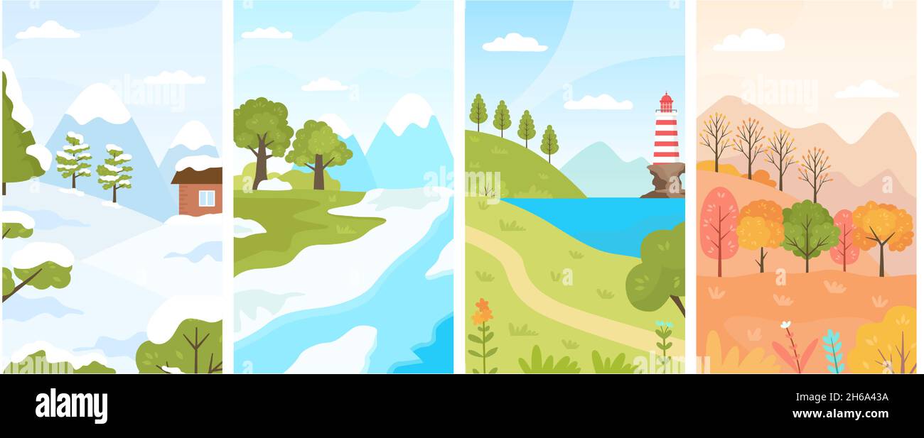 Flat four seasons landscapes, spring, summer, autumn and winter ...