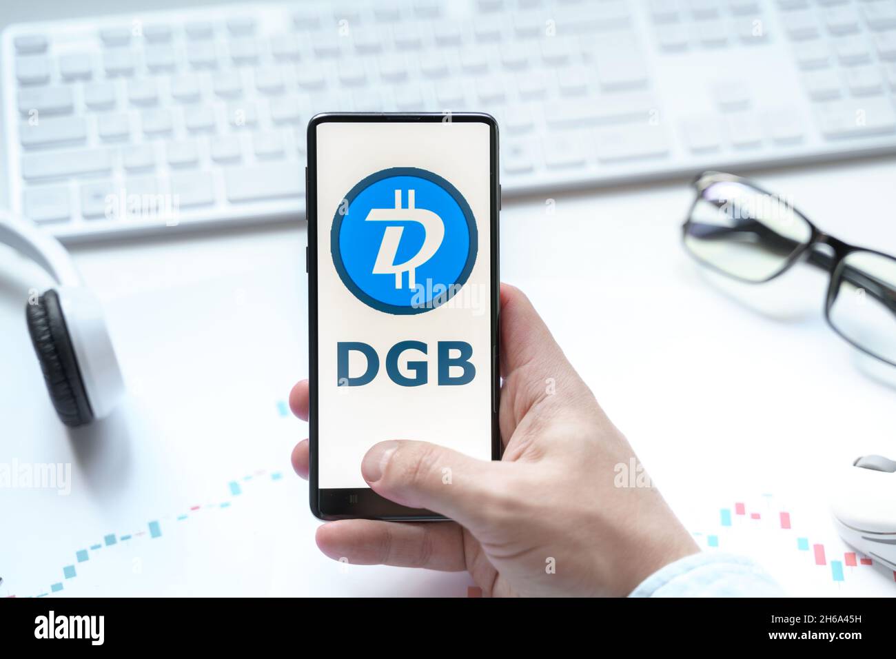 Russia Moscow 08.06.2021. Logo of cryptocurrency Digibyte, DGB crypto ...