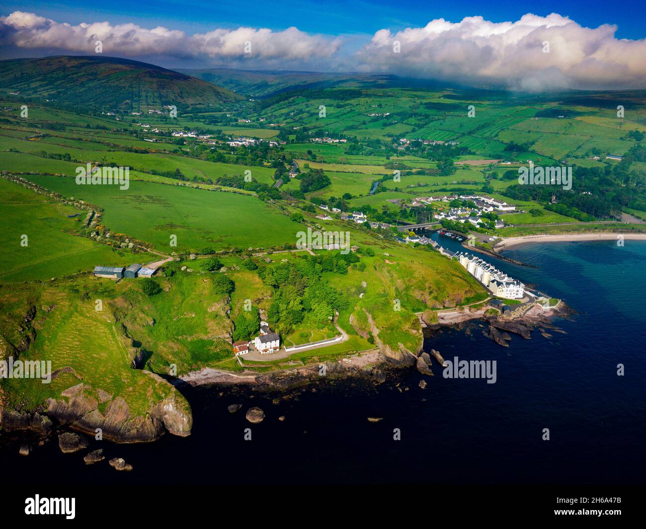 Aerial of Cushendun and Glendun, County Antrim, Northern Ireland Stock ...