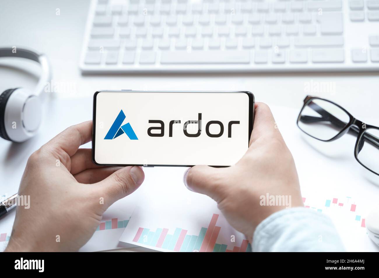 Russia Moscow 08.06.2021 Logo of Ardor in mobile phone. ARDR token ...