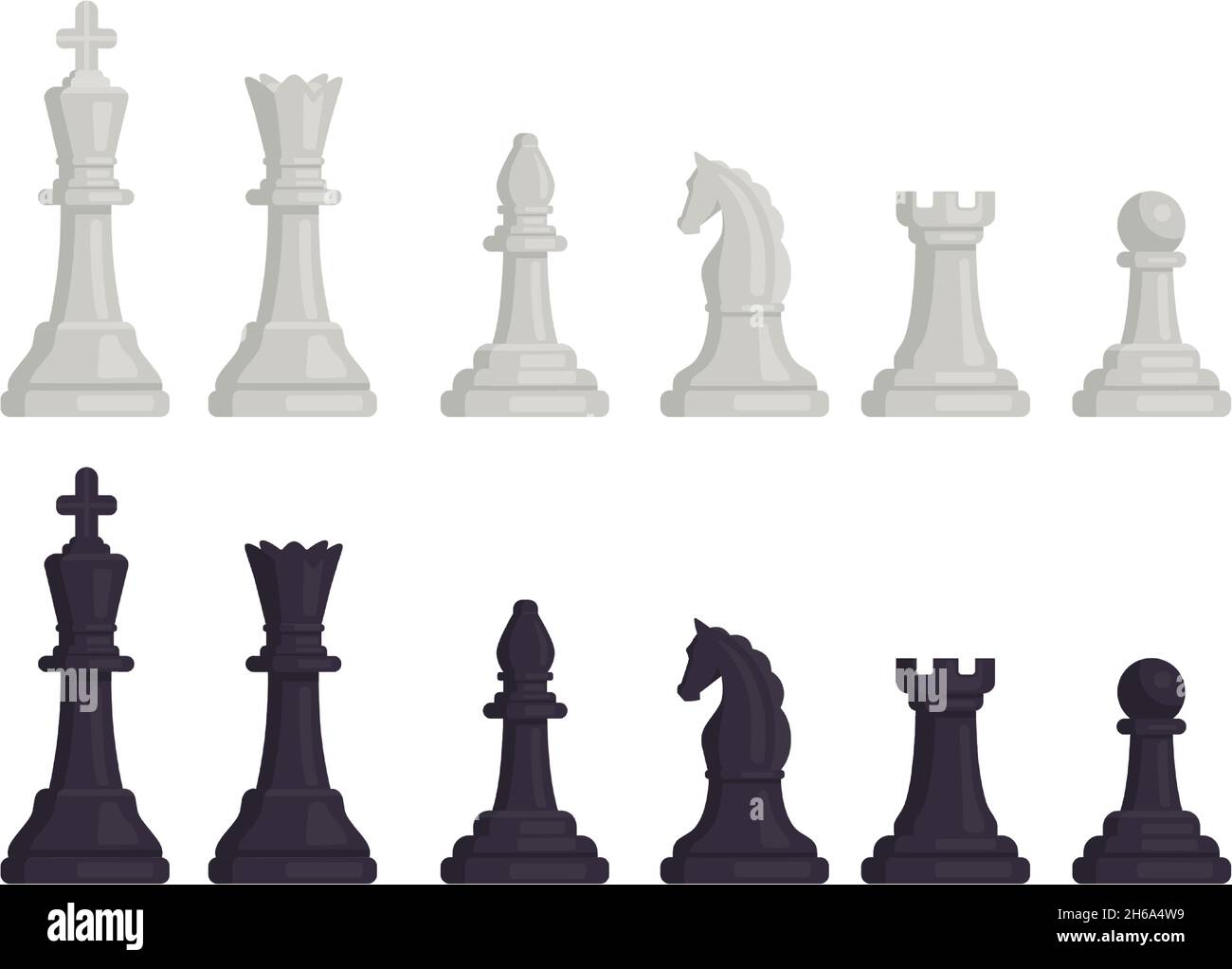 Cartoon black and white chess pieces icons. Flat chessmen, queen and ...