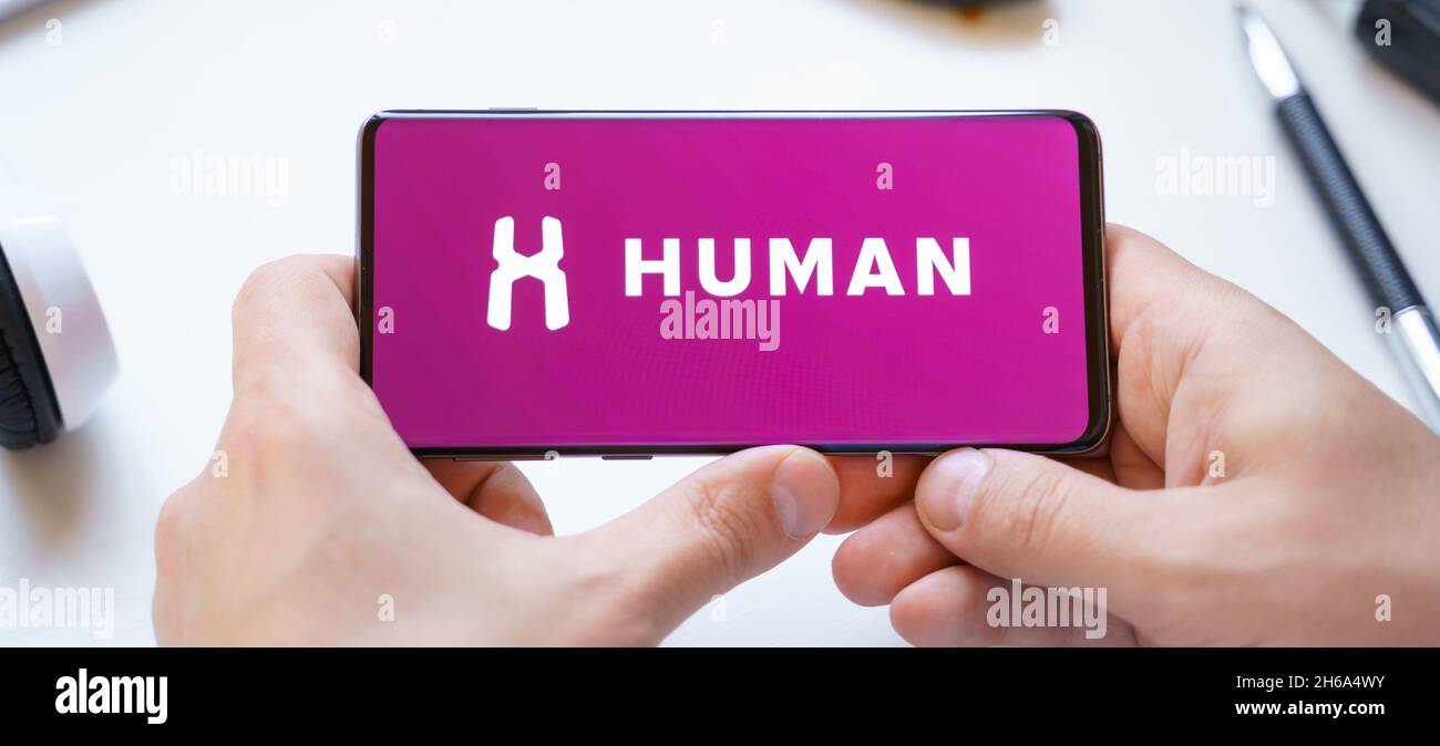 Russia Moscow 12.06.2021 Logo of Human coin in mobile phone ...
