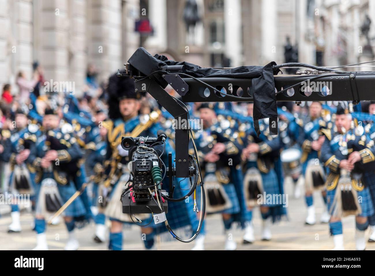 TV camera boom filming RAF PIPES & DRUMS at the Lord Mayor's Show ...