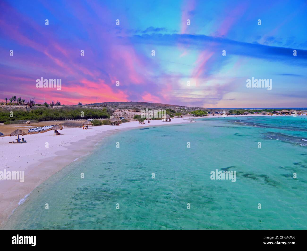 Aerial from Baby beach on Aruba island in the Caribbean Sea at sunset ...