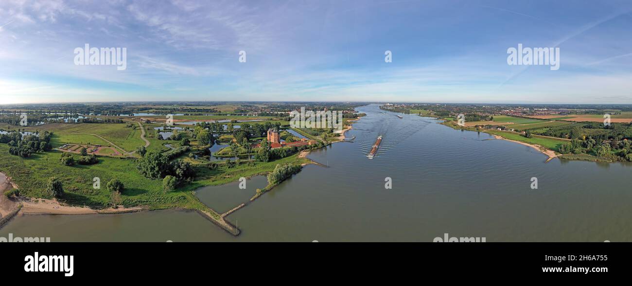 Aerial panorama from castle Loevestein and the river Merwede in the ...