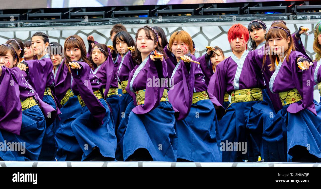 Japanese yosakoi dancers on stage at Kyusyu Gassai festival in Kumamoto ...