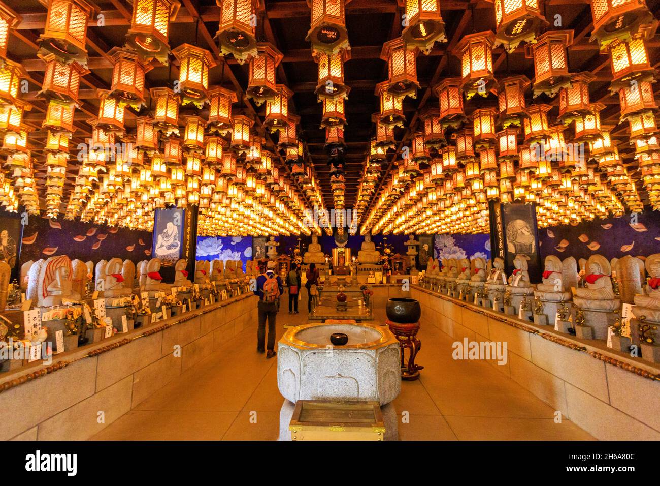 Japan, Miyajima. Daisho-in temple. Interior, Henjokutsu Cave housing ...