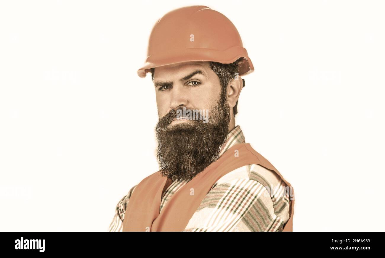 Builder in hard hat, foreman or repairman in the helmet. Man builders ...