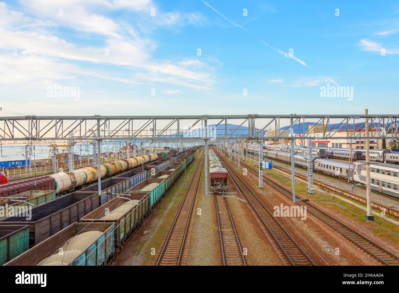 Freight train station, panoramic view of the railway track Stock Photo - Alamy