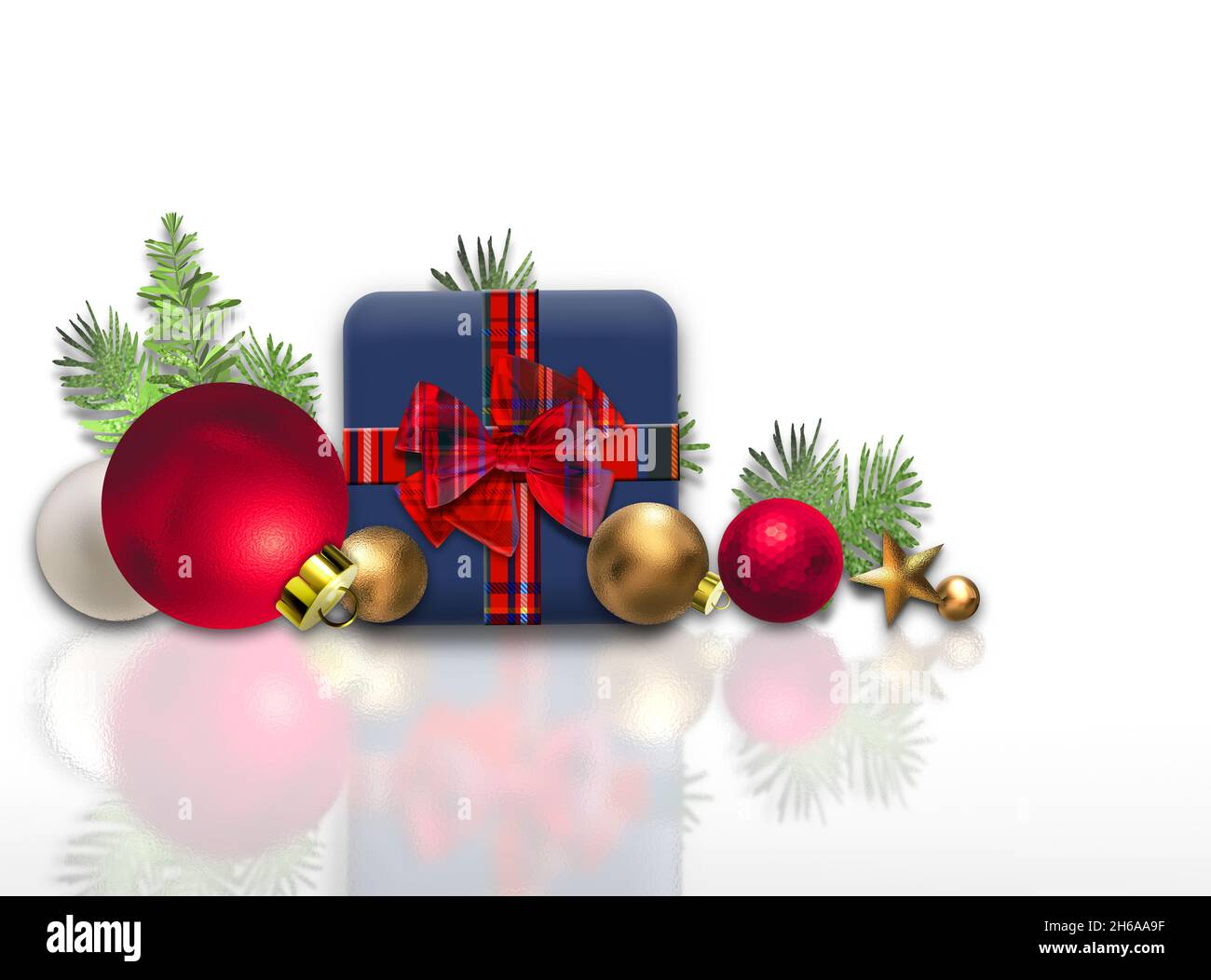 Christmas holiday design on reflection. Xmas gift box with red tartan ...