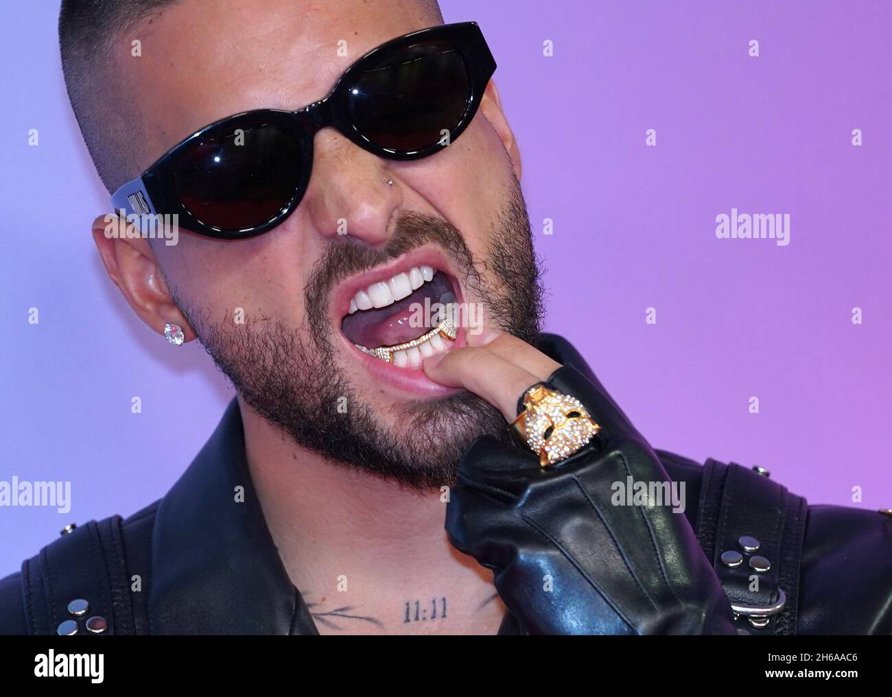 Maluma attending the 2021 MTV EMA awards at the Papp Laszlo Budapest ...