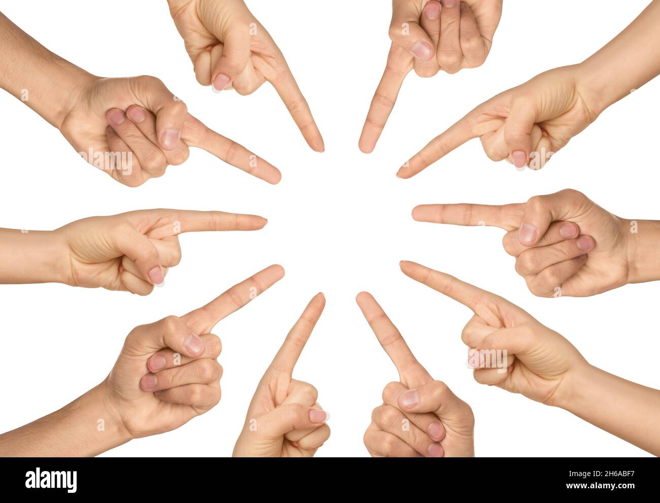 Cropped millennial caucasian male and female hands pointing by finger ...