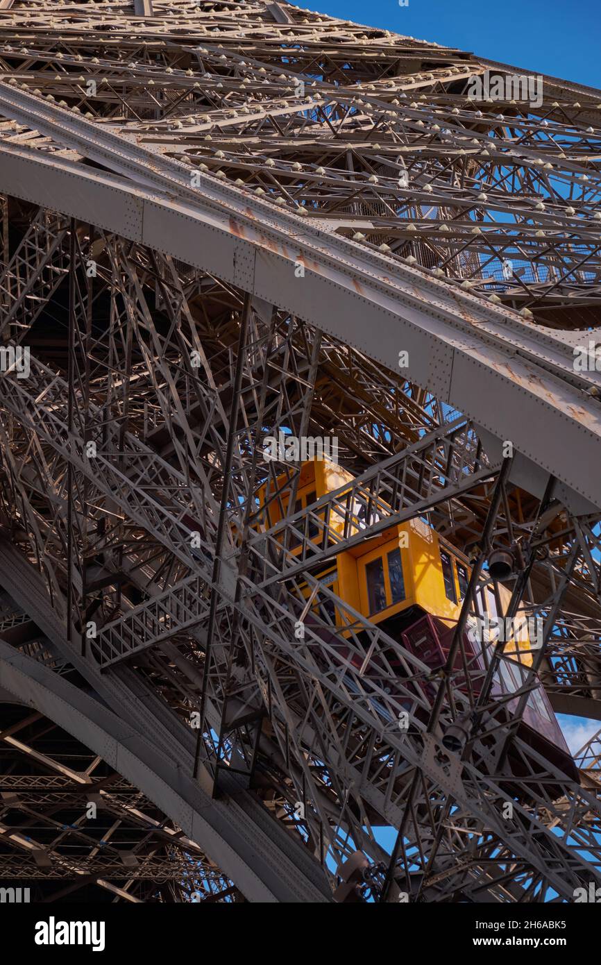 The Iconic and Famous Eiffel Tower Yellow Elevator in a Pillar - Paris ...