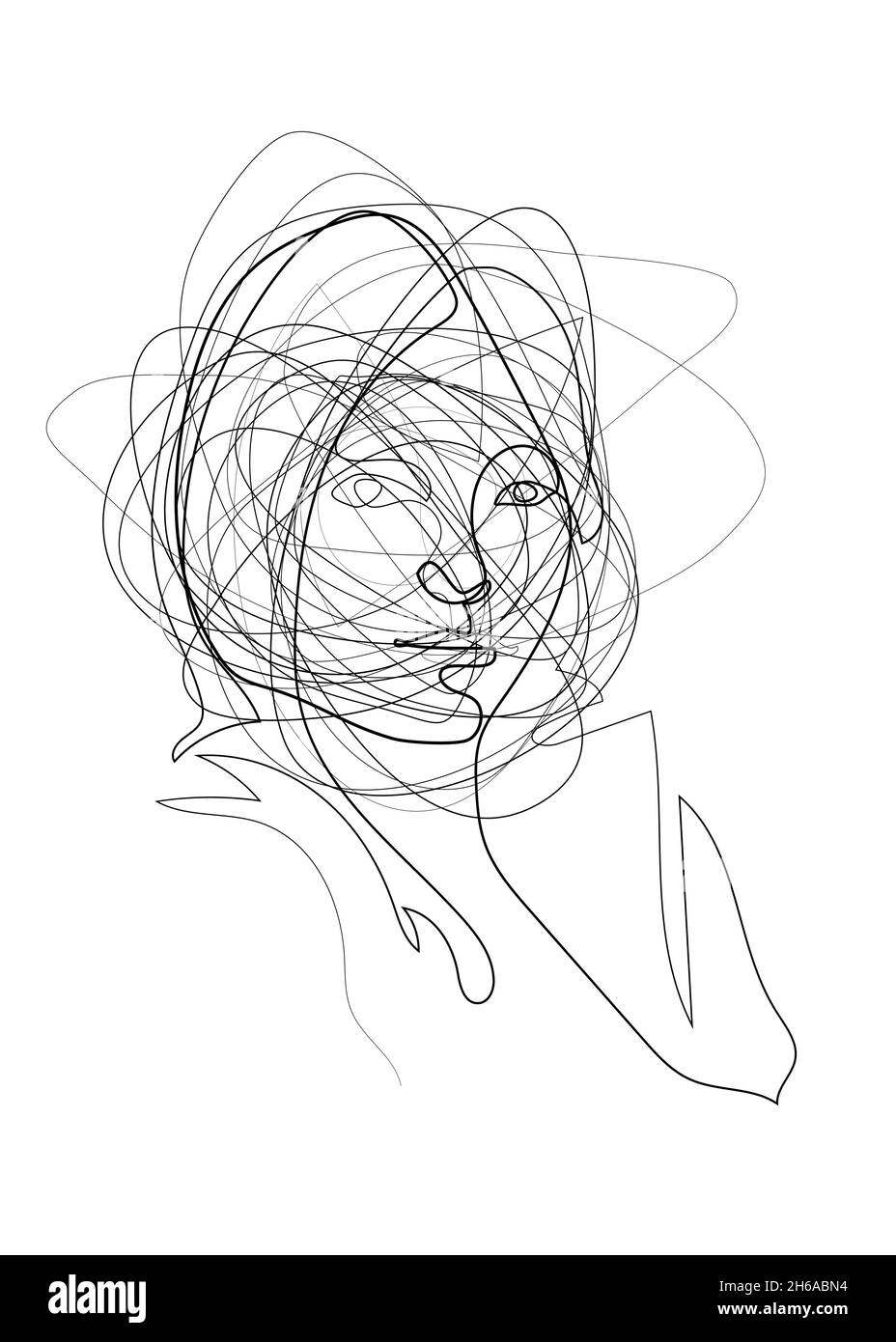 Portrait of girl with head with a lot of insane messy lines. Anxiety ...