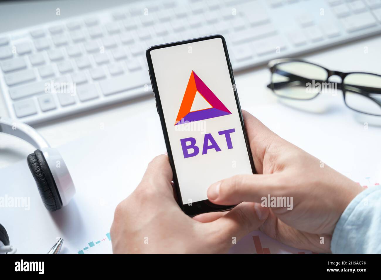 Russia Moscow 08.06.2021. Logo of Basic Attention Token in mobile phone ...