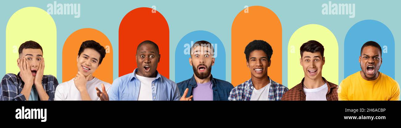 Emotional attractive international guys laugh, get scared, reflect and ...