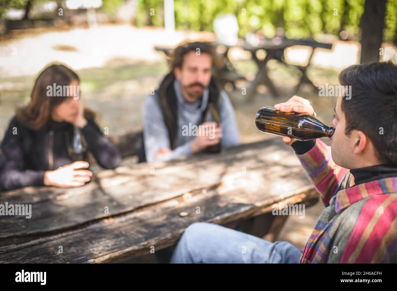 Young group of friends, female and male, chugging beer from bottle on ...