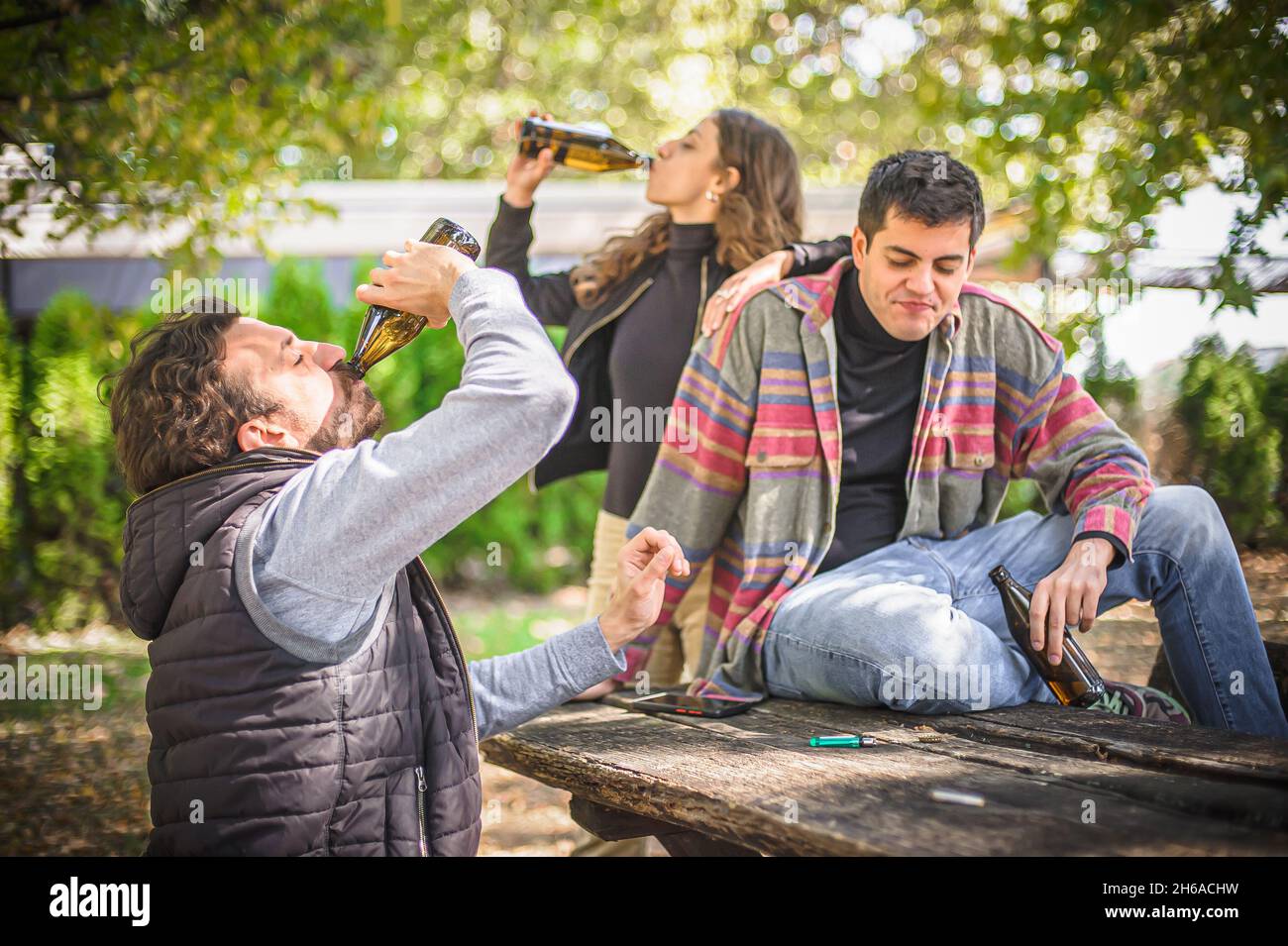Young group of friends, female and male, chugging beer from bottle on ...