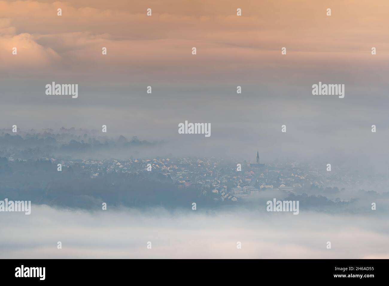 The city of Kuppenheim during a foggy blue hour Stock Photo - Alamy