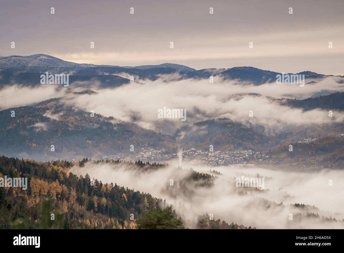 Fog moves through the murg valley on a winter day Stock Photo - Alamy