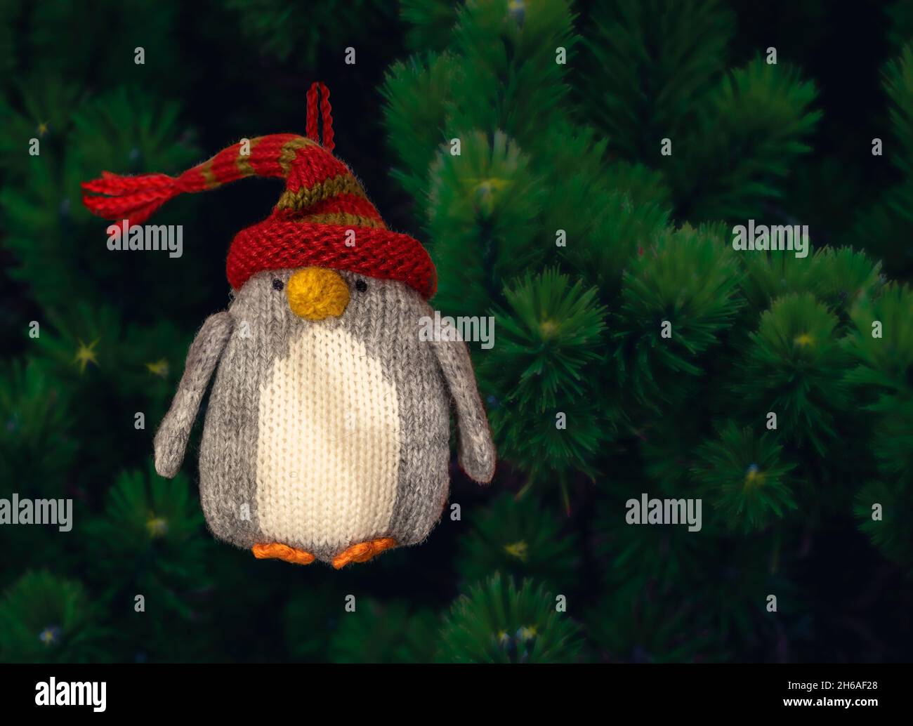 Knit penguin tree ornament with pine tree background Stock Photo - Alamy