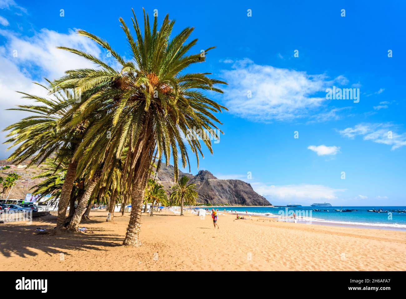 Golden beach with palm trees against the sea and blue sky, Playa de Las ...