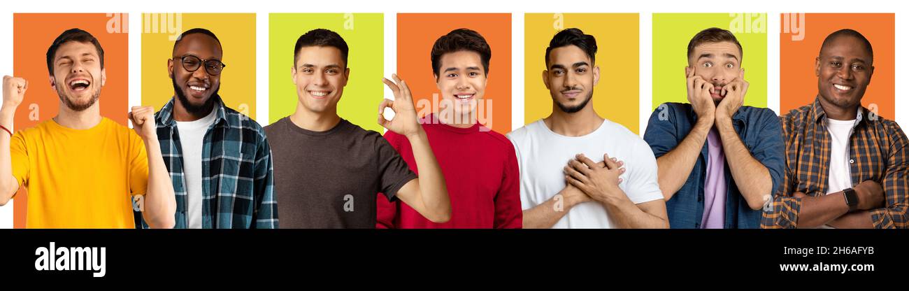 Attractive young diverse men with different emotions on yellow and ...
