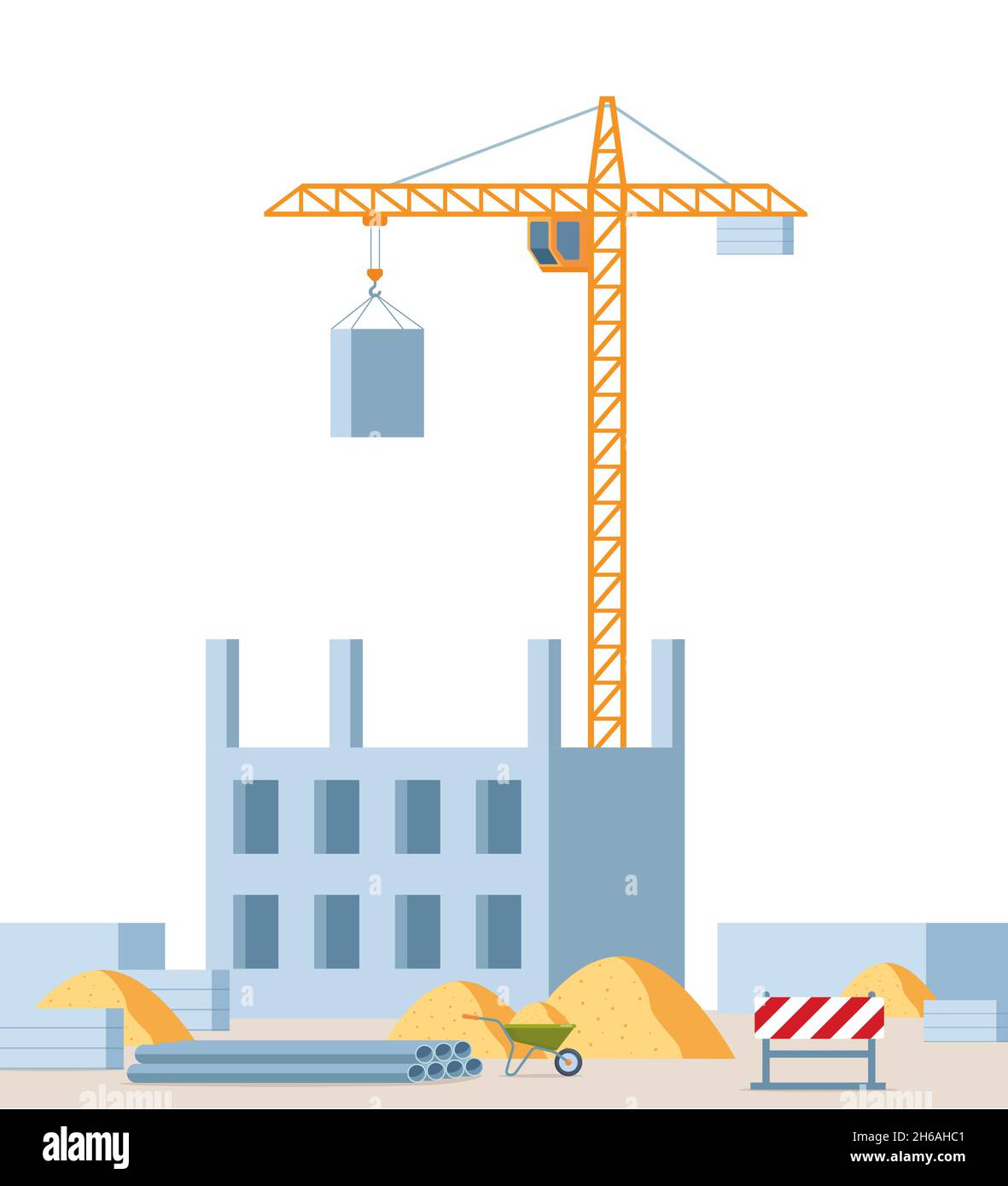 Building work process with houses and tower crane. Vector illustration ...