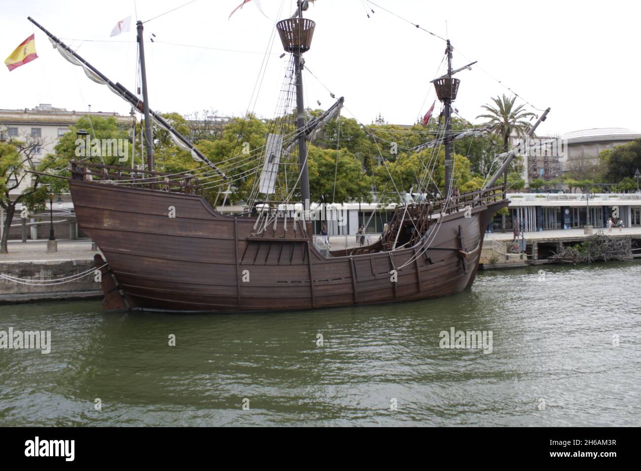 The Sevilla old sailing ship with the Spanish flag Stock Photo - Alamy