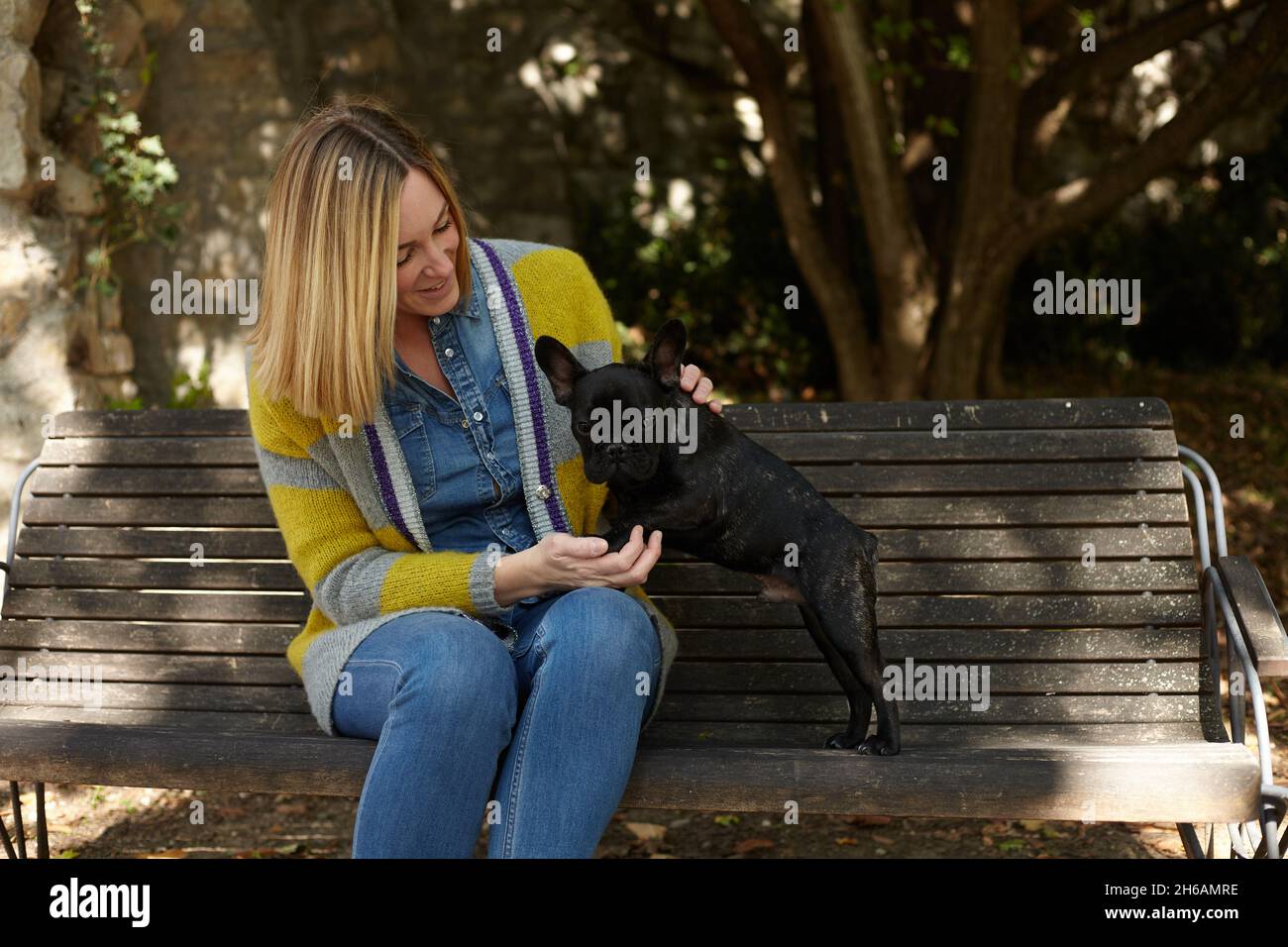 Portrait woman her bulldog sitting outdoors hi-res stock photography ...
