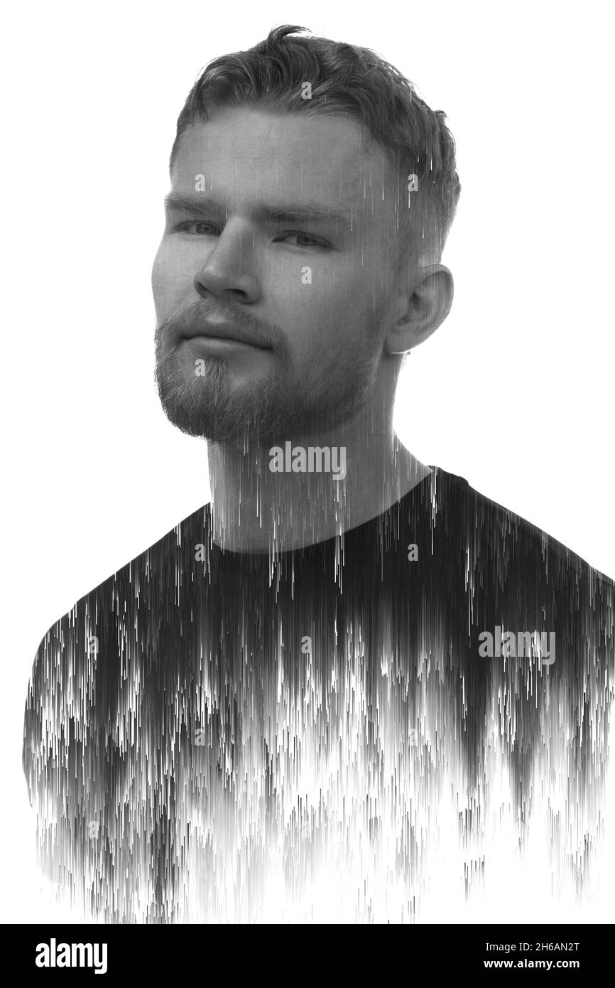 A black and white portrait of a man combined with a digital ...
