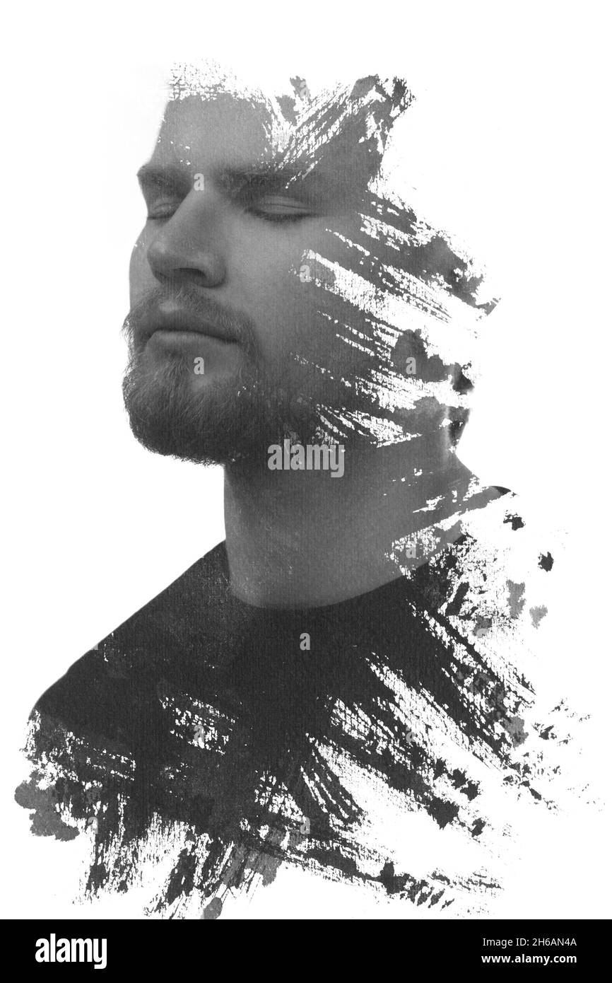 A black and white portrait of a man combined with black strokes ...