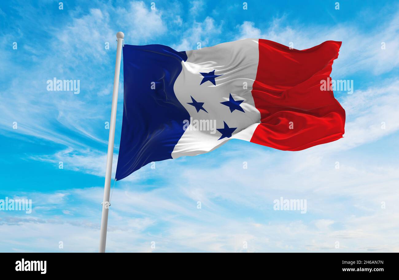 flag of Marque VAE, France at cloudy sky background on sunset ...